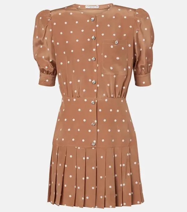Alessandra Rich Pleated Polka-dot Silk Minidress - Brown