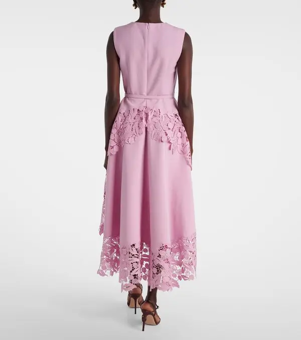 Oscar De La Renta Belted Guipure Lace-Trimmed Wool-Blend Crepe Midi Dress -  Pink - 50% Off | Editorialist
