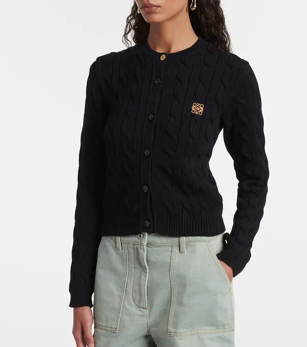Loewe Anagram Cable-Knit Cotton Cardigan In Black - 40% Off