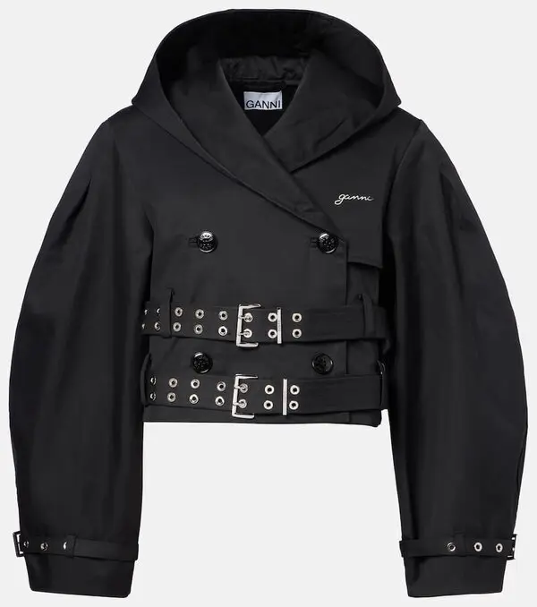 GANNI Belted Cropped Cotton Jacket - Black