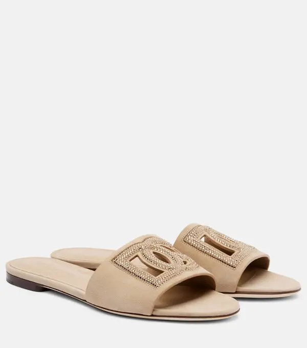 Dolce & Gabbana Embellished Suede Slides - Beige