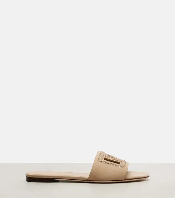 Dolce & Gabbana Embellished Suede Slides - Beige