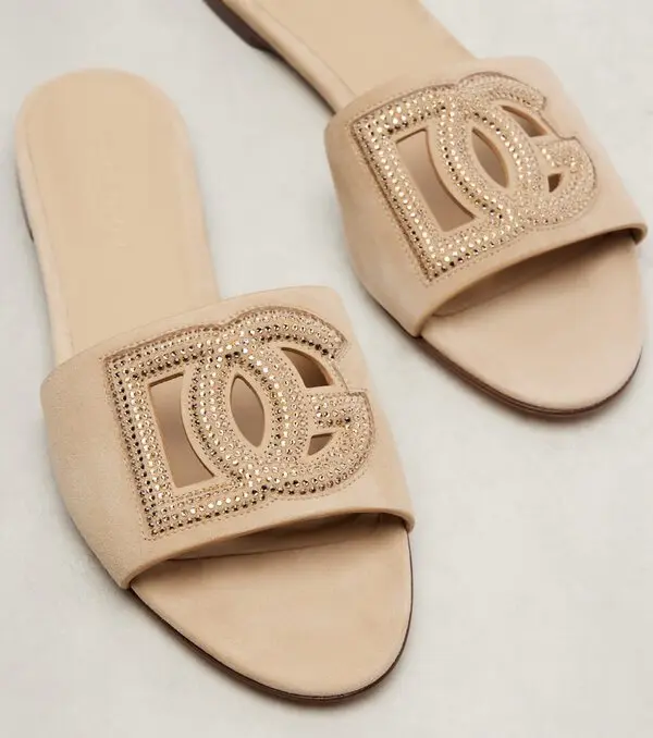 Dolce & Gabbana Embellished Suede Slides - Beige