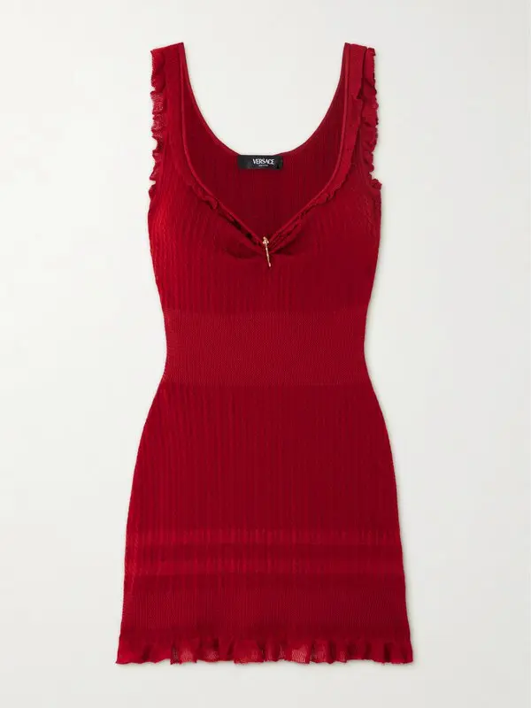 Versace Embellished Ruffled Cable-knit Wool-blend Mini Dress