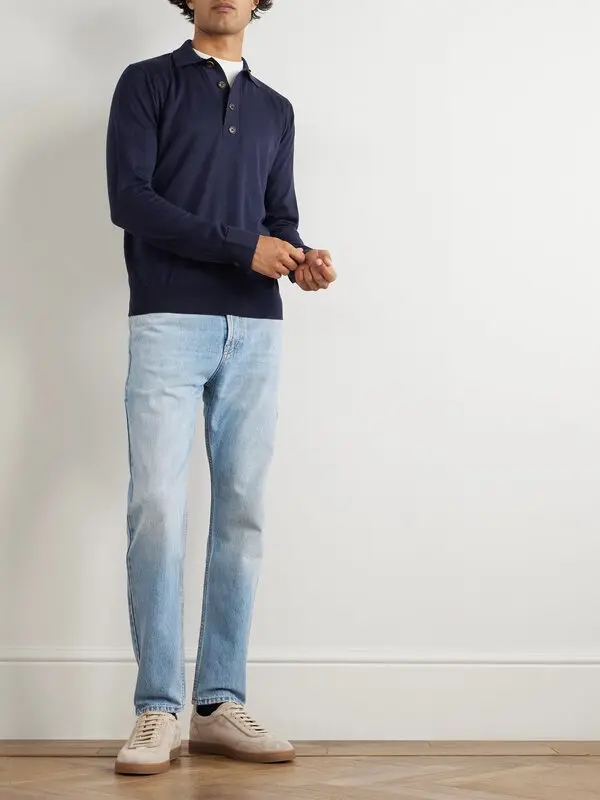 Eleventy Slim-fit Cotton And Cashmere-blend Polo Shirt - Blue