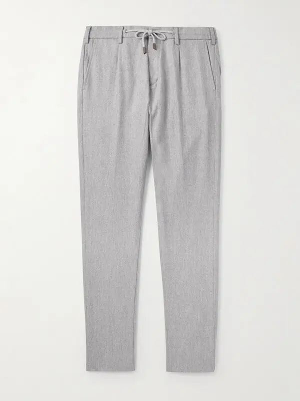 Eleventy Slim-fit Pleated Wool And Cashmere-blend Drawstring Trousers
