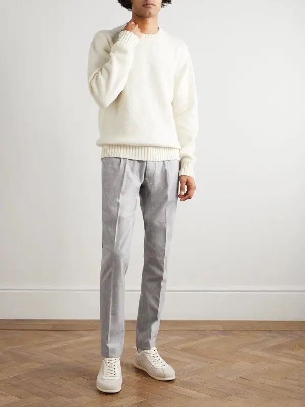 Eleventy Slim-fit Pleated Wool And Cashmere-blend Drawstring Trousers