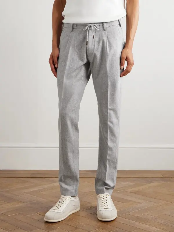 Eleventy Slim-fit Pleated Wool And Cashmere-blend Drawstring Trousers
