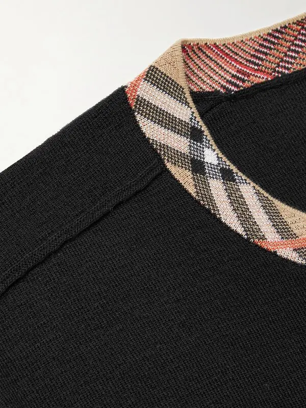Burberry Checked Jacquard-trimmed Wool Sweater - Black