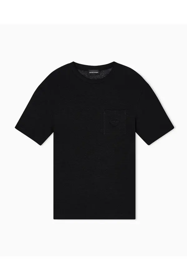 Emporio Armani Linen T-shirt With Eagle Embroidery Patch - Black