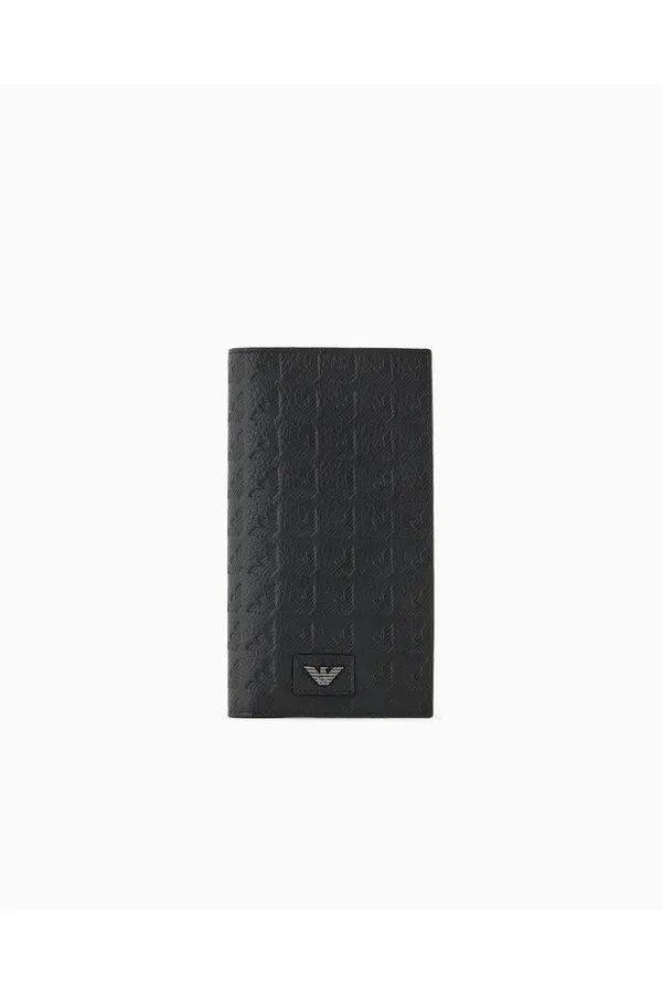 Emporio Armani Leather Large Currency Holder With All-over Embossed Eagle - Black