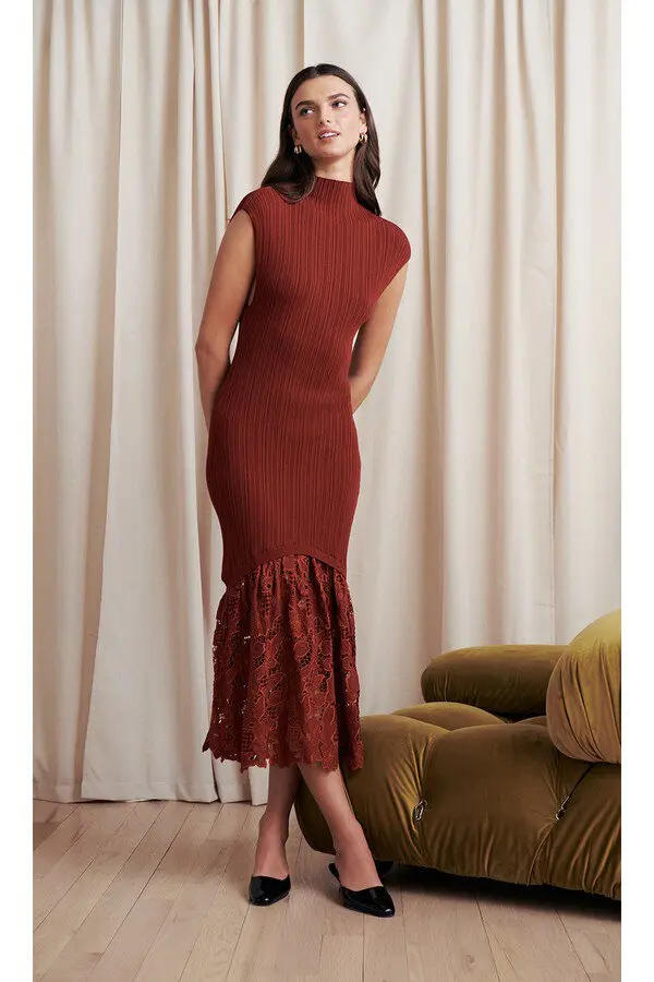 Saylor Dimitra Pleated Knit Midi Dress With Lace Mermaid Skirt - Red
