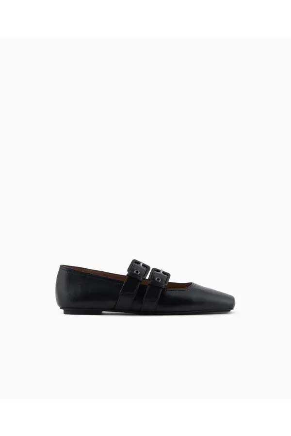 Emporio Armani Nappa Leather Ballerinas With Double Strap - Black