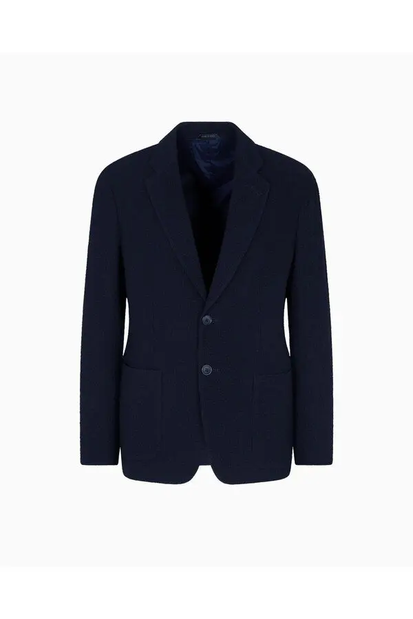 Giorgio Armani Single-breasted Jacket In Stretch Wool Seersucker - Blue