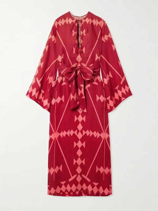 Johanna Ortiz Wild Savannah Belted Tasseled Printed Linen Dress - Purple