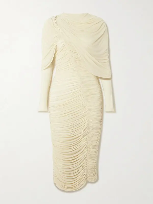 Magda Butrym Draped Cape-effect Ruched Stretch-tulle Dress - Neutrals