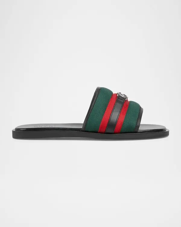 Gucci Maverik Web Slide Sandals With Interlocking G - Grnredgrn