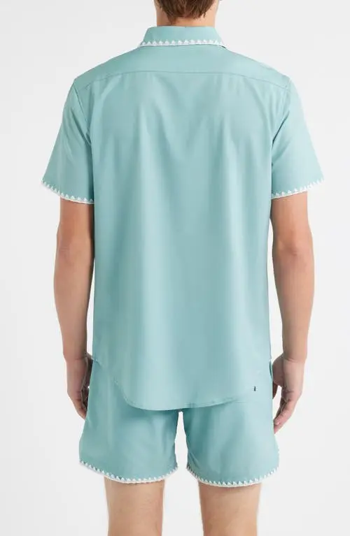 MAVRANS Crochet Trim Short Sleeve Performance Button-up Shirt - Blue