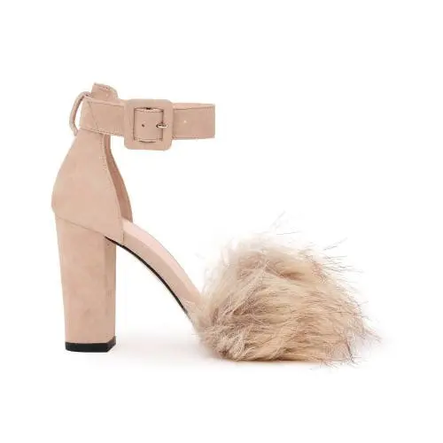 TIANNIA BARNES Kid Suede Sandal With Faux Fur - Beige Suede And Fur