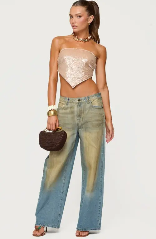 EDIKTED Sequin Strapless Handkerchief Crop Top - Beige