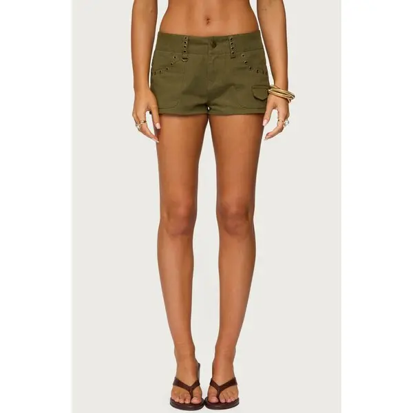 EDIKTED Low Rise Twill Shorts - Olive-washed