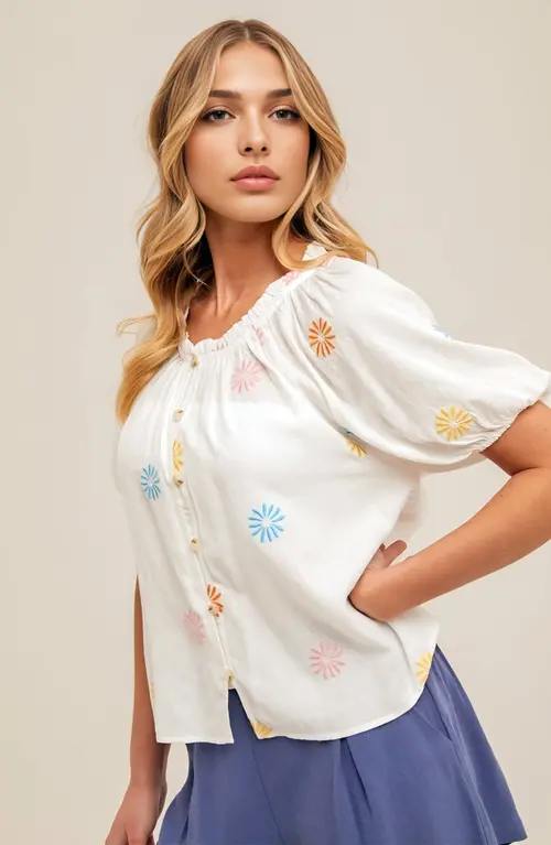 KNIT & LOUNGE Embroidered Puff Sleeve Blouse