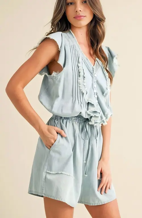 KNIT & LOUNGE Sleeveless Button-front Romper With Ruffle Trim