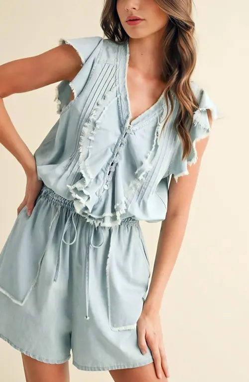 KNIT & LOUNGE Sleeveless Button-front Romper With Ruffle Trim