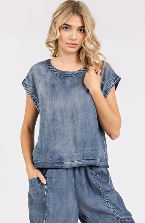 KNIT & LOUNGE Washed Cap Sleeve Top With Back Button Detail