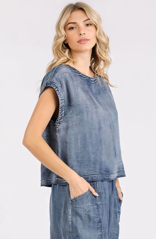 KNIT & LOUNGE Washed Cap Sleeve Top With Back Button Detail