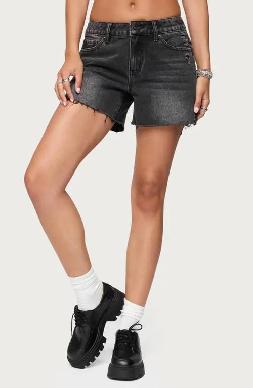 EDIKTED Low Rise Raw Hem Denim Shorts - Black