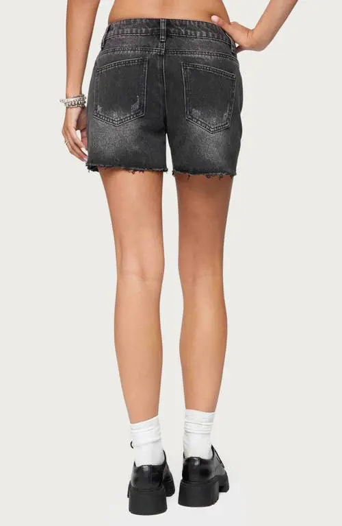 EDIKTED Low Rise Raw Hem Denim Shorts - Black