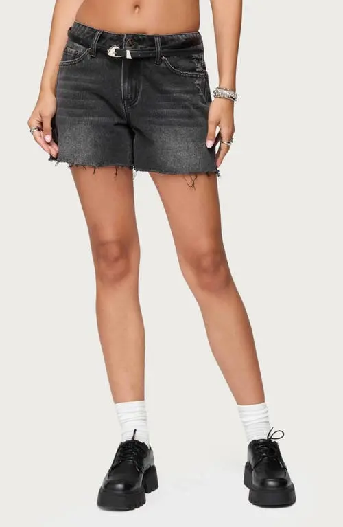 EDIKTED Low Rise Raw Hem Denim Shorts - Black