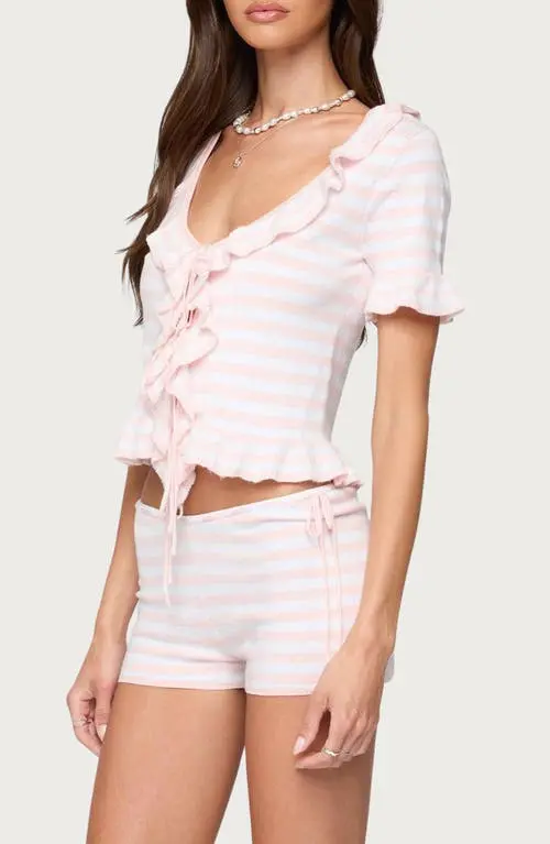 EDIKTED Striped Ruffle Crop Top - Light-pink