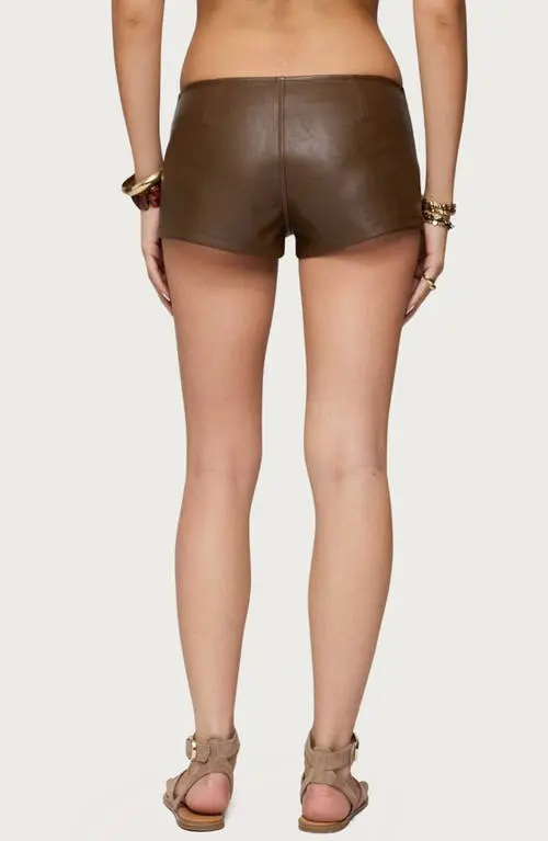EDIKTED Grommet Faux Leather Microshorts - Brown