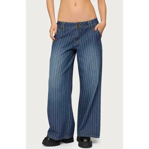 EDIKTED Cory Stripe Low Rise Wide Leg Jeans - Blue