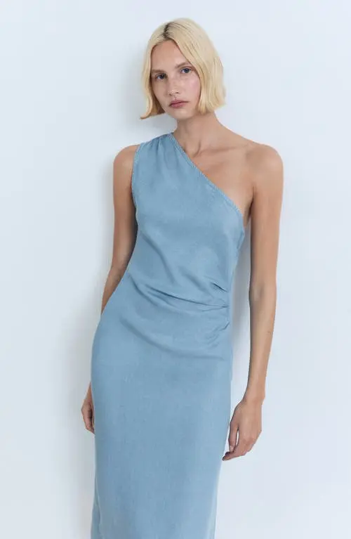 Mango Pleated One-shoulder Chambray Dress - Medium Blue