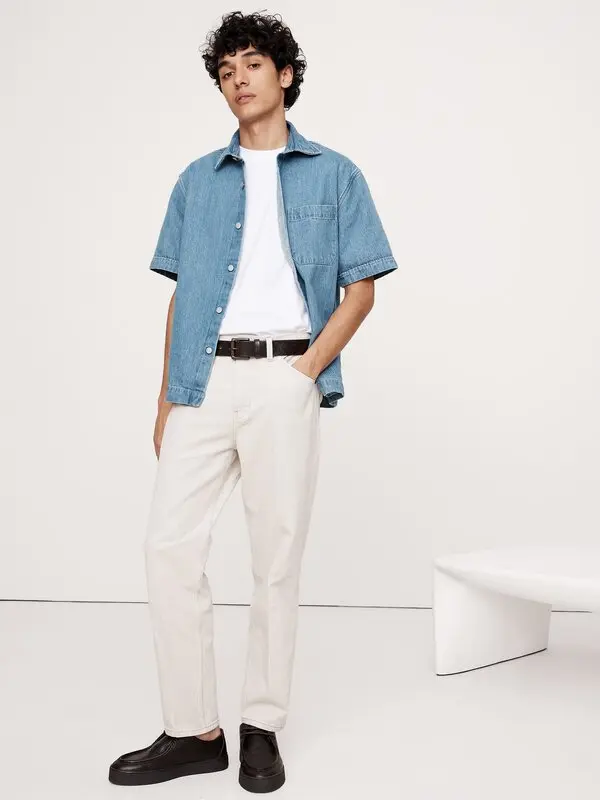 Banana Republic Relaxed-Fit Denim Short-Sleeve Shirt - Ecru | Editorialist