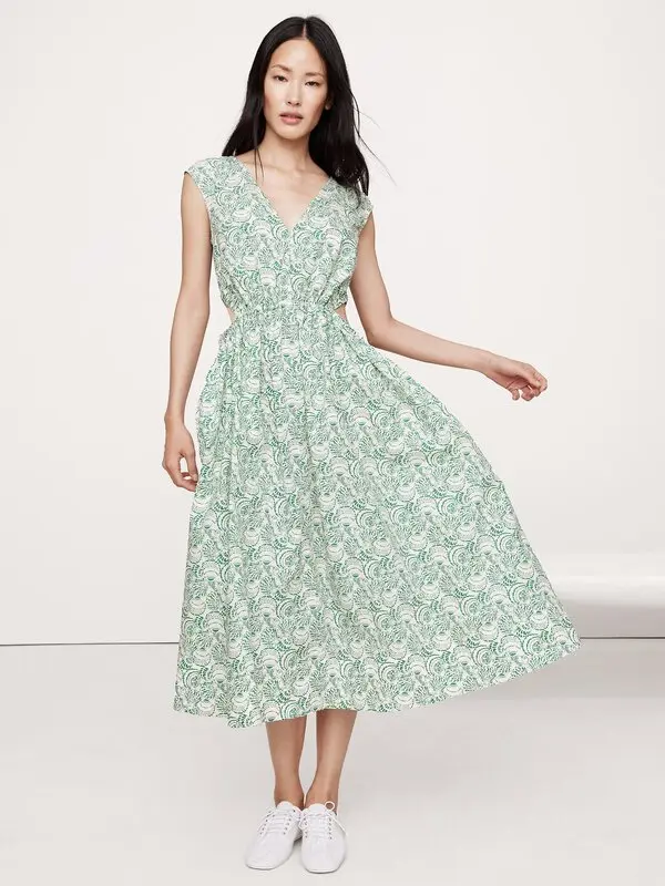 Banana Republic Cotton Poplin Side Cut-Out Midi Dress - Emerald Green Shell  Print | Editorialist