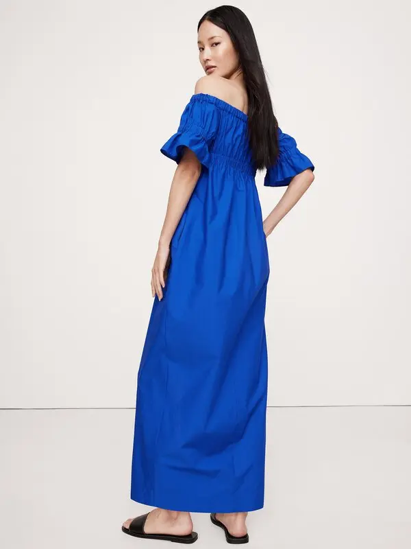 Banana Republic Cotton Poplin Off-The-Shoulder Maxi Dress In Hague Blue -  50% Off | Editorialist
