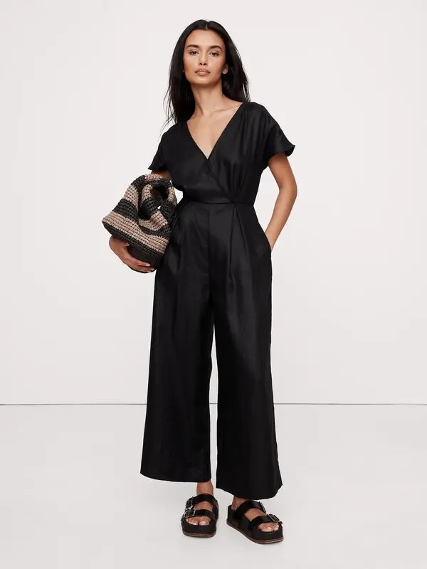 Banana Republic Linen V-neck Jumpsuit - Black