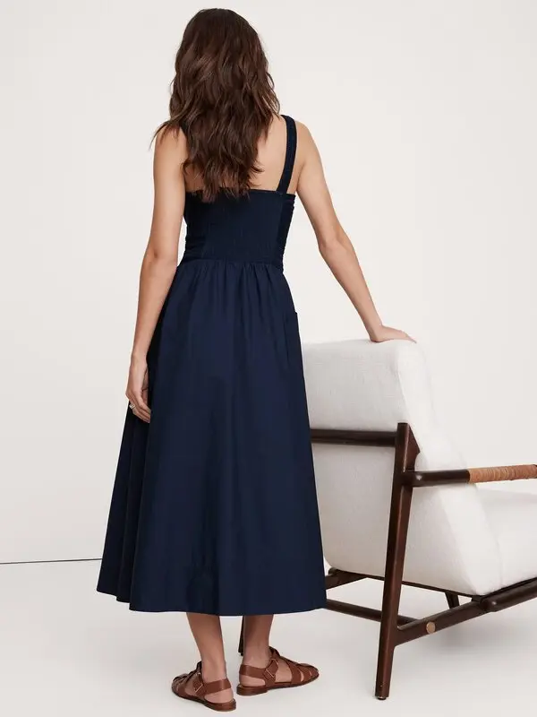 Banana Republic Crochet & Cotton Poplin Mixed-Media Midi Dress - Tapestry Navy  Blue | Editorialist