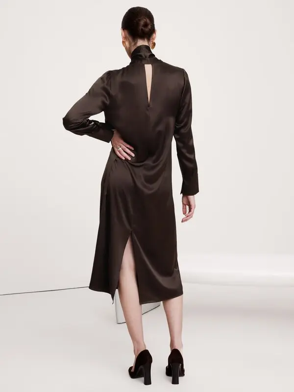 Banana Republic Silk Tie-Neck Midi Dress - Chocolate Ganache Brown |  Editorialist