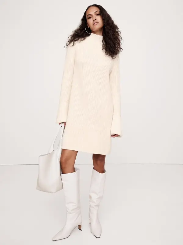 white christmas dresses Cream Mock Neck Mini Sweater Dress main image 0