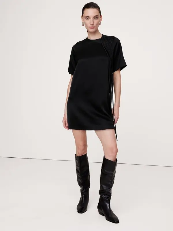 Banana Republic Satin Fringe Shift Dress - Black | Editorialist