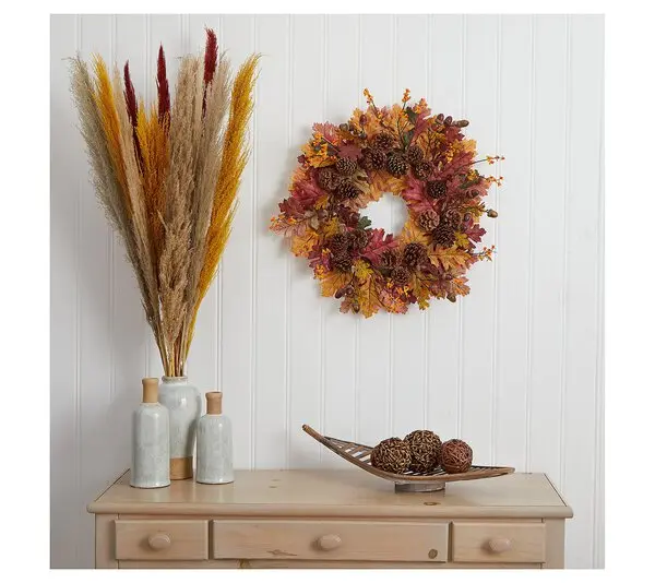 NEARLY NATURAL 24' Oak Leaf, Acorn & Pine Wreat H - One-color