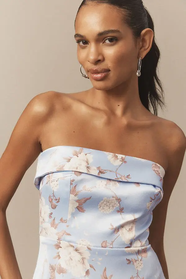 donna karan women's strapless fit & flare midi dress Donna Karan Women's Mikado Strapless Floral Midi Gown in Nightfall/Washed Indigo