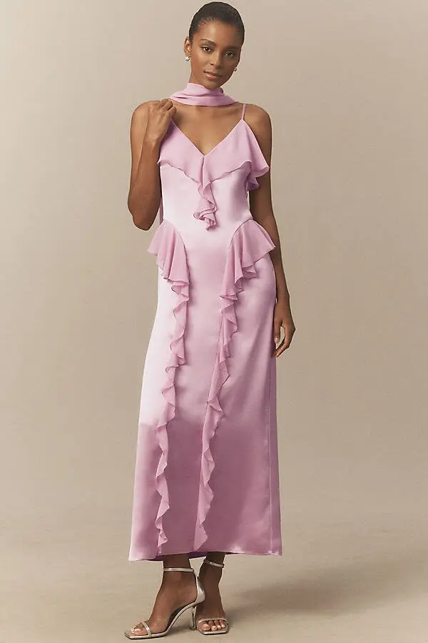 MARE MARE Sleeveless Ruffled Satin Chiffon Maxi Dress