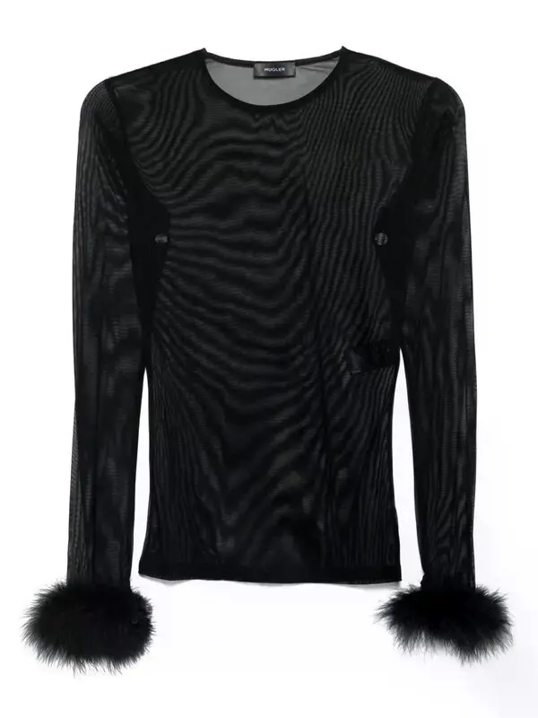 MUGLER Feather-cuff Mesh Top - Black