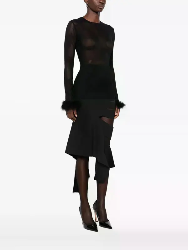 MUGLER Feather-cuff Mesh Top - Black